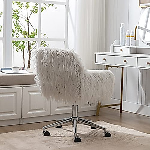 Goujxcy White Faux Fur Desk Chair, Cute Fluffy Upholstered Padded Seat, Vanity Accent Modern Height Adjustable Swivel Office Chair for Living Room Makeup Home Office Bedroom (White)