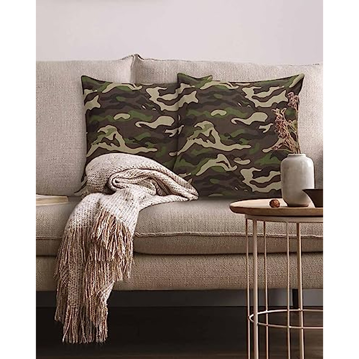 HELLOWINK Decorative Throw Pillow Covers 18x18 Set of 2 Camo Green Linen Indoor Outdoor Pillow Covers for Couch Sofa Camouflage Soft Double-Sided Cushion Covers Cases for Home Decor