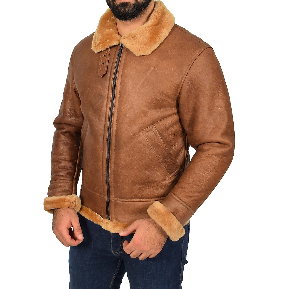 A1 FASHION GOODS Real Sheepskin Flying Jacket Vintage Tan Shearling Bomber Authentic Aviator Coat Tornado (Large)