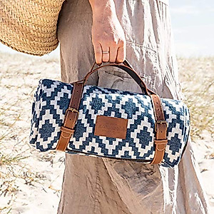 Komorebi Large Outdoor Waterproof Picnic Blanket (78"x59") 100% Cotton | Leather Carrier | Soft Diamond Jacquard Picnic Mat for up to 4 Adults (Blue/White)