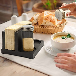 AKKO Rustic Napkin Holder with Salt and Pepper Shakers, Wooden Napkin Holder for Table with 2 Spice Bottles, Perfect for Dining Table, Kitchen, Restaurant