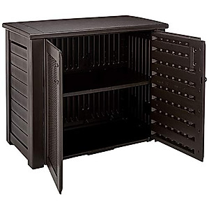 Rubbermaid Decorative Outdoor Storage Cabinet (123 Gal), Weather Resistant, Dark Brown, Organization for Home/Backyard/Pool Chemicals/Toys/Garden Tools/Porch/Patio Cushions