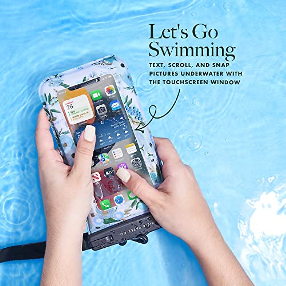 Rifle Paper Co. IP68 Floating Waterproof Phone Pouch / Case (Regular Size) Floating Waterproof Phone Case - iPhone 14 Pro Max/ 13 Pro Max/ 12 Pro Max/ 11/ S23 - Detachable Lanyard - Garden Party Blue