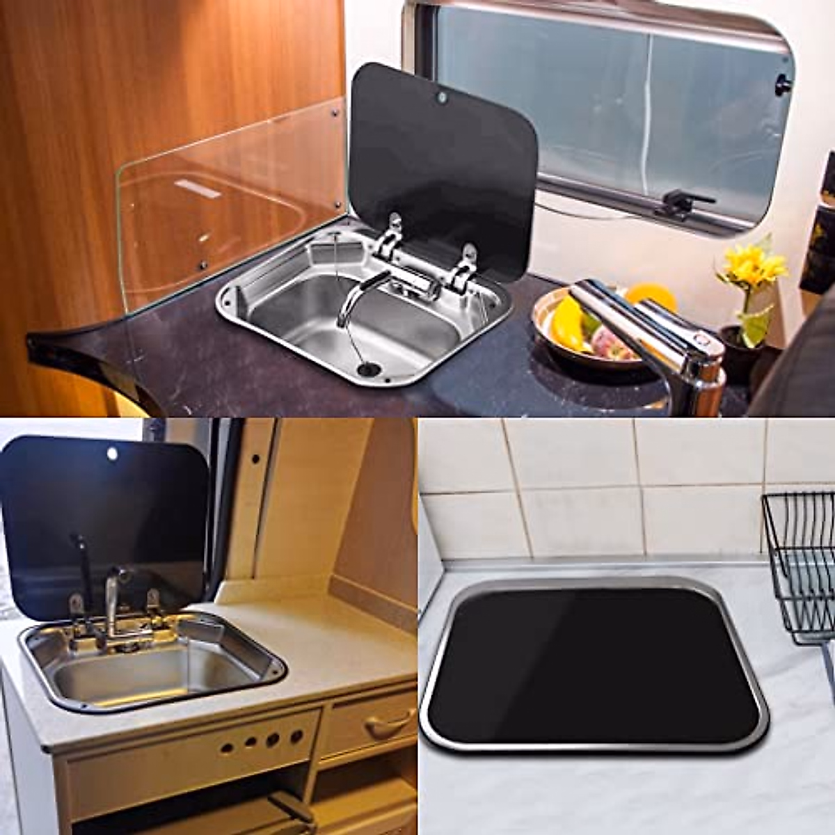 RV Sink Kitchen Bar Sink RV Stainless Steel Hand Wash Basin Sink with Folded Faucet Tempered Glass Lid Washbasin for Camper, Trailer, Caravan, RV, Home, Cafe, Bar, Boat