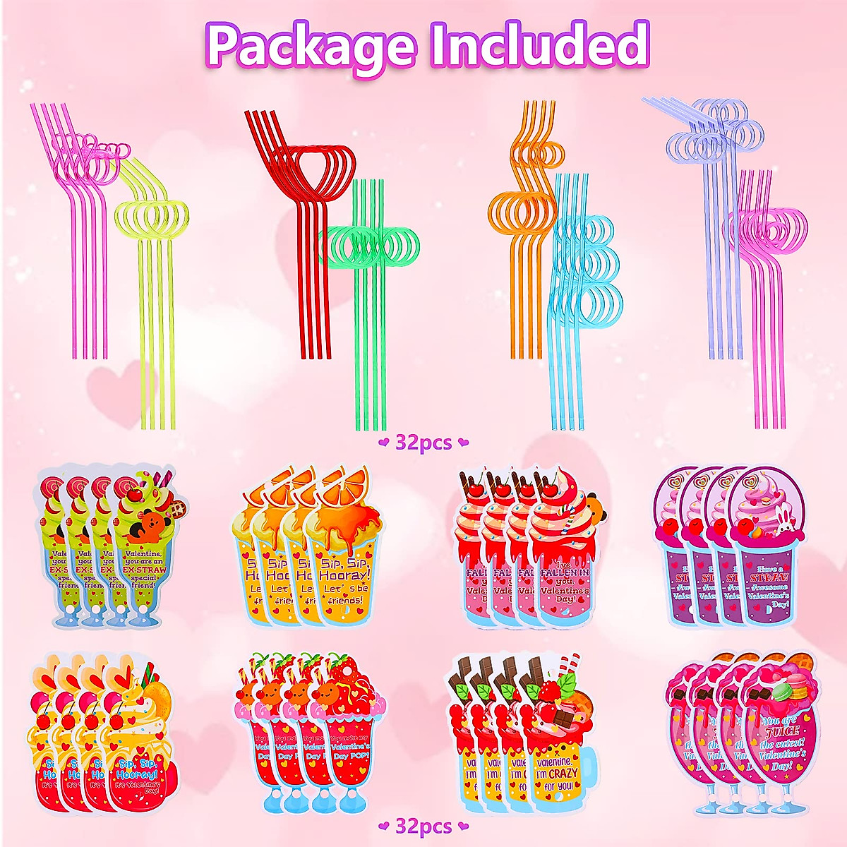 32Pack Valentines Day Cards for Kids, Valentines Greeting Cards(8 Designs)+ Colorful Crazy Loops Reusable Drinking Straws (8 Shapes) for Classroom Gifts Exchange Gift Class Prizes Carnivals Party