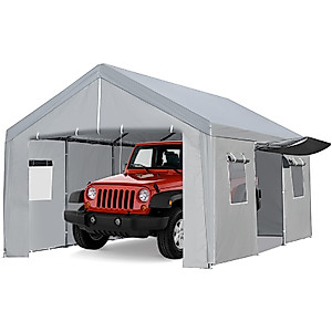 ACONEE Carport 10×20 FT Heavy Duty Car Canopy with Ventilated Windows, Removable Sidewalls & Zipper Doors, Portable Garage Boat Shelter Tent Outdoor, Waterproof All-Season Tarp for SUV, Car, Truck