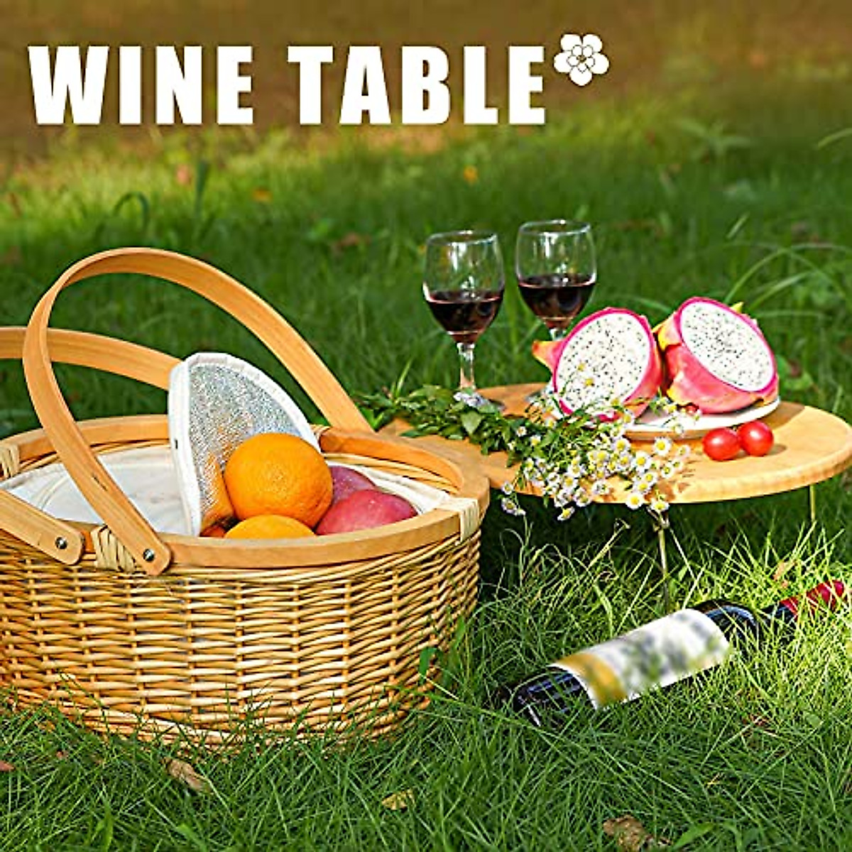 Wicker Picnic Basket Cooler with Portable Picnic Wine Table & Swing Handles for Beach, Camping, Park, Outdoor Party. Insulated Willow Cooler Baskets for Wine Lover. Best Gift for Christmas,Valentine
