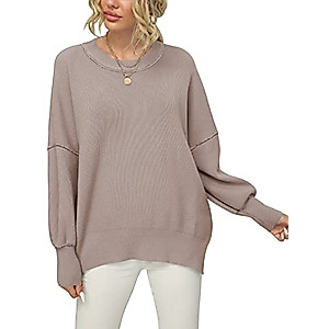 ANRABESS Women's Long Sleeve Oversized Crew Neck Solid Color Side Slit Knit Pullover Sweater A305hongxing-XS