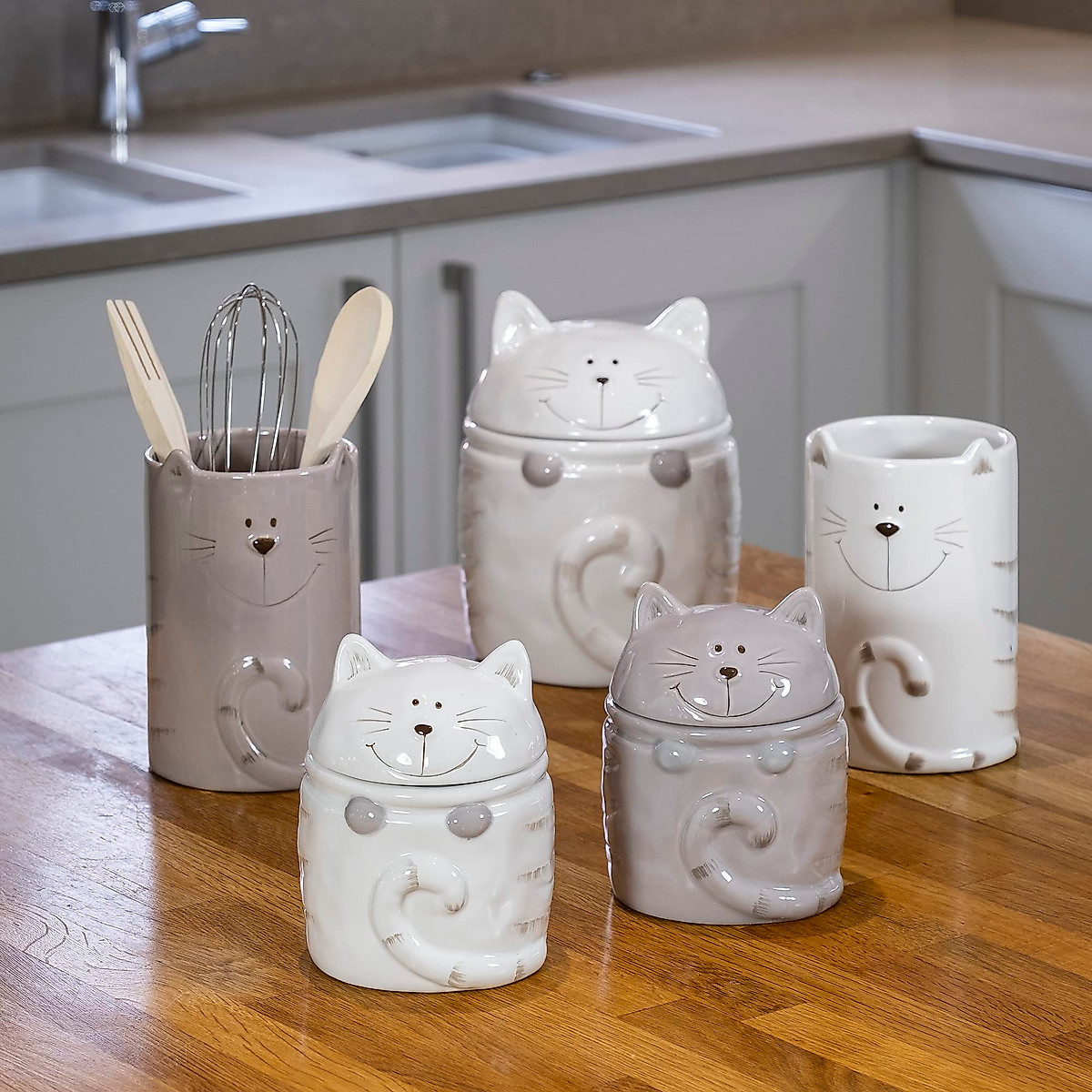 SPOTTED DOG GIFT COMPANY Ceramic Utensil Holder for Kitchen Counter, Utensil Crock for Countertop, Decorative Cat Themed Home Kitchen Decor Accessories, Gifts Cat Lovers, White 4.3" x 6.3"