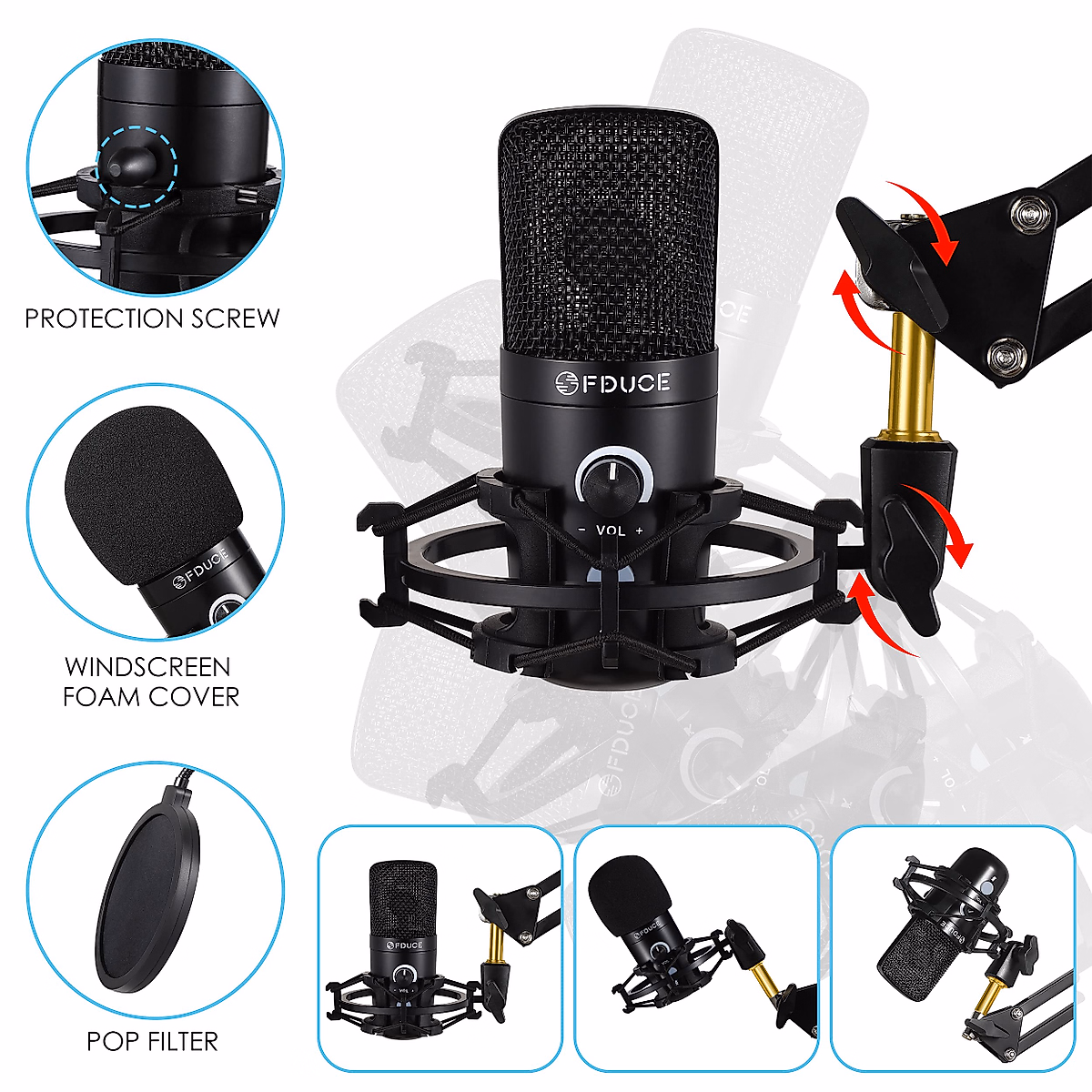 FDUCE USB Streaming Microphone Kit, Professional 192Khz/24bit Studio Mic with Arm Stand Advanced Chipset, PcMicrophone for Singing, Gaming, Podcast, Zoom, Online-Teaching, YouTube, X9