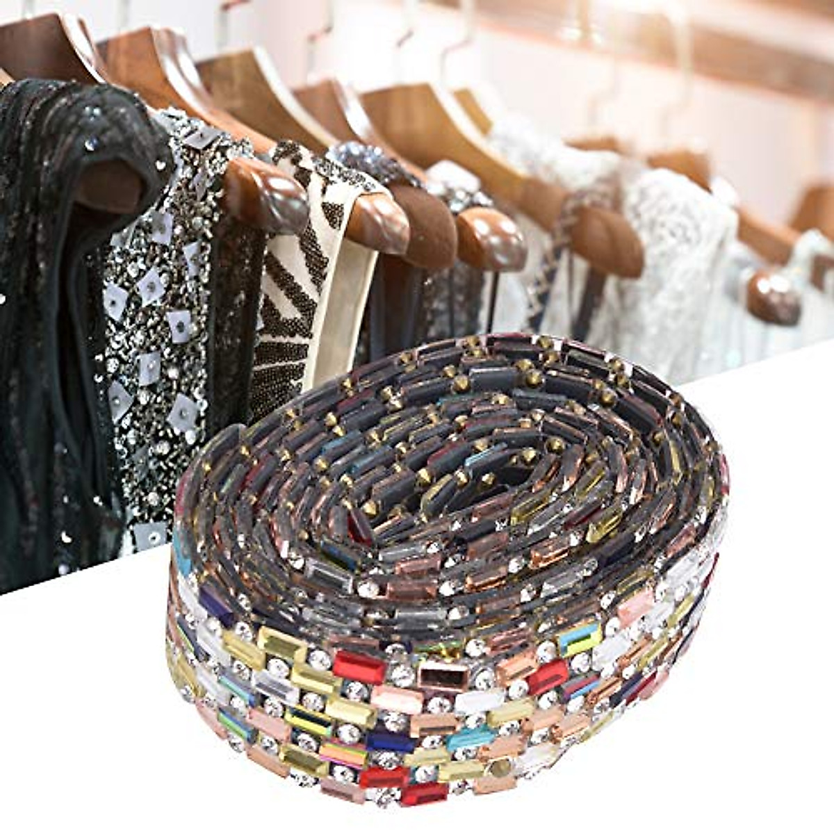 Rhinestone Beaded Ribbon, 1 Yard Colorful Beaded Trim Artificial Gem Stone Beaded Sew On Applique Chain Embellishment DIY Sewing Accessories Bag Belt Decor(B)