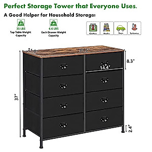 C&AHOME Fabric Dresser, Tall Double Dresser with 8 Drawers, Storage Tower with Fabric Bins, 4-Tier Wide Chest of Drawers for Closet, Bedroom, Living Room, Hallway, Rustic Brown and Black UDDST08B