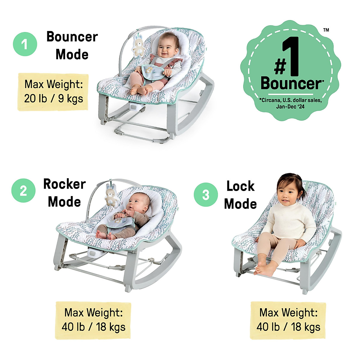 Ingenuity Keep Cozy 3-in-1 Grow with Me Vibrating Baby Bouncer Seat & Infant to Toddler Rocker - Spruce, Newborn and up