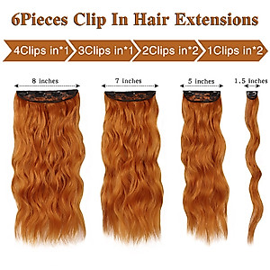 WECAN Clip In Hair Extensions 20 Inch 6pcs Copper Red Long Wavy Curly Hair Extensions Ginger Synthetic Fiber Double Weft Soft Hairpieces For Women Full Head