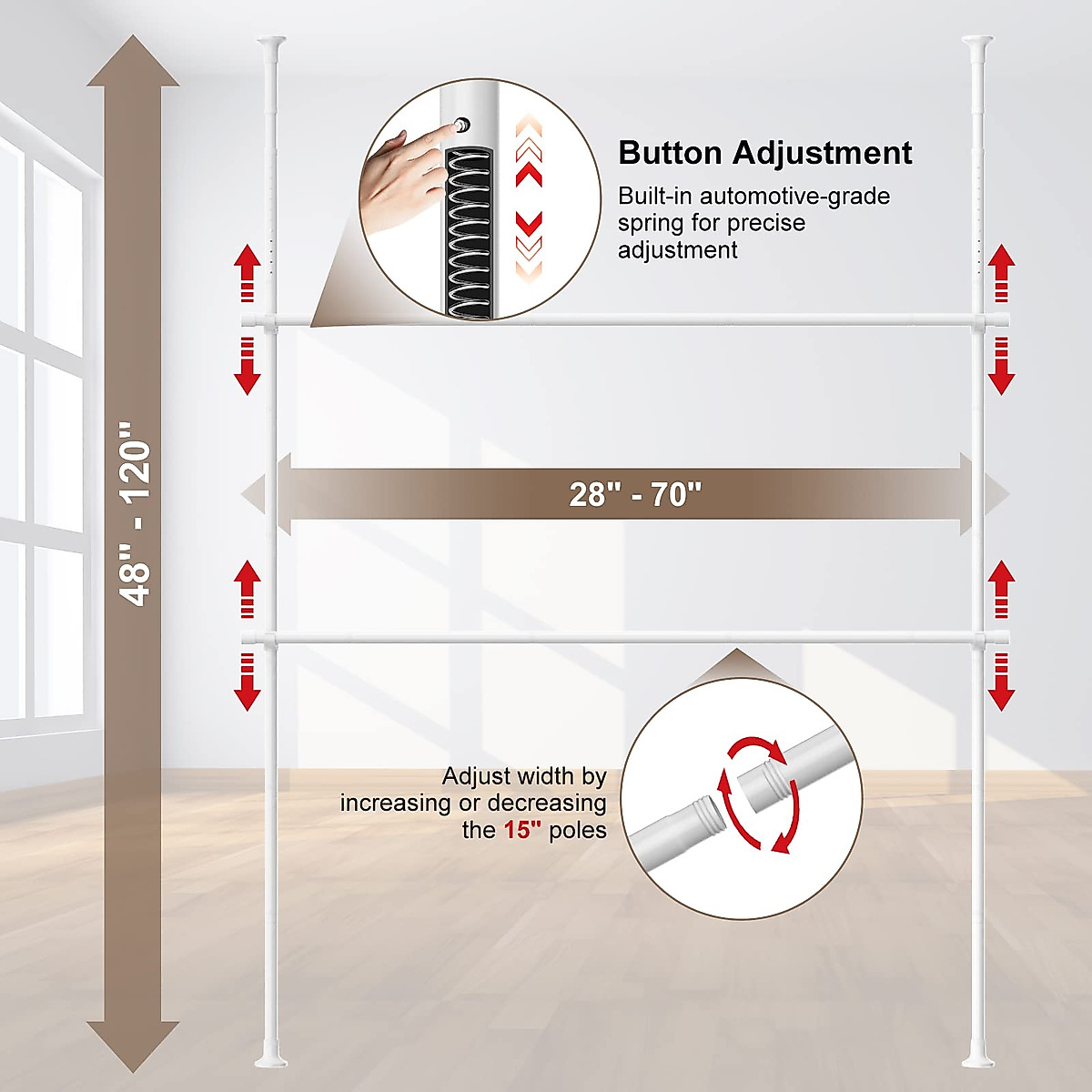 Closet Organizer Garment Rack, Heavy Duty 2-Tier Adjustable Free Standing Clothes Laundry Drying Rack, Floor to Ceiling Clothing Hanger Tension Rod Closet System Wardrobe Storage (White)