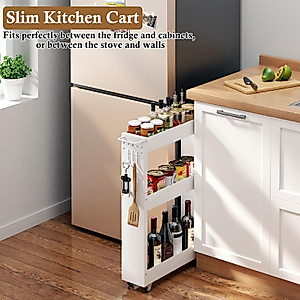 OKZEST Rolling Slim Storage Cart, 3-Tier Narrow Utility Kitchen Cart on Wheels, Metal Narrow Storage Cabinet Organizer Cart for Small Spaces in Laundry Room, Kitchen, Bathroom - 5-Inch Width