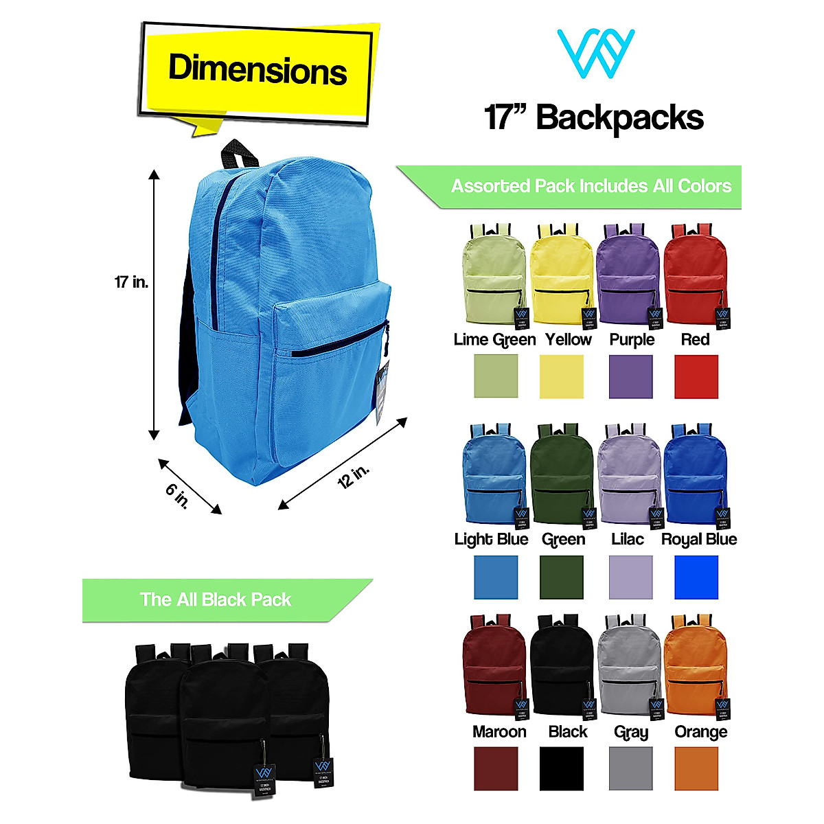 12 Pack Backpack , Bulk 17 inch Lightweight Student Outdoor Travel School Book Bag (Assorted)