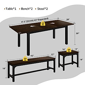 iPormis 5-Piece Dining Table Set for 4-8 People, Extendable Kitchen Table Set with 2 Benches and 2 Square Stools, Mid-Century Dining Room Table with Metal Frame & MDF Board, Saving Space, Espresso