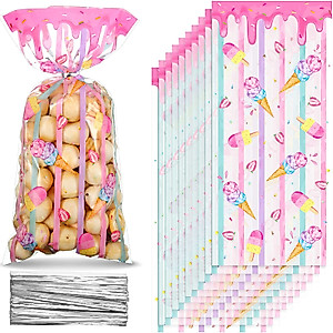 Geyee 100 Pieces Ice Cream Treat Bags, Watercolor Ice Cream Theme Cello Plastic Candy Goodie Bag with 100 Silver Twist Ties for Kid Summer Sweet Baby Shower Birthday Party Favor Bag, Clear