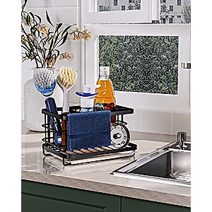 Consumest Sponge Holder Kitchen Sink Caddy Organizer, kitchen sink organizer with Drip Tray for Countertop, SUS304 Stainless Steel Rustproof Soap Sponge and Dish Brush Holder - Black