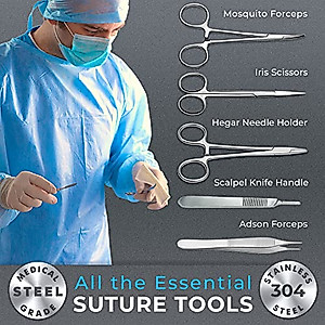 Complete Sterile Suture Practice Kit for First Aid Field Emergency and Medical Students Training - Including Large Silicone Suture Pad and Sterilized Suture Tools Threads and Needles
