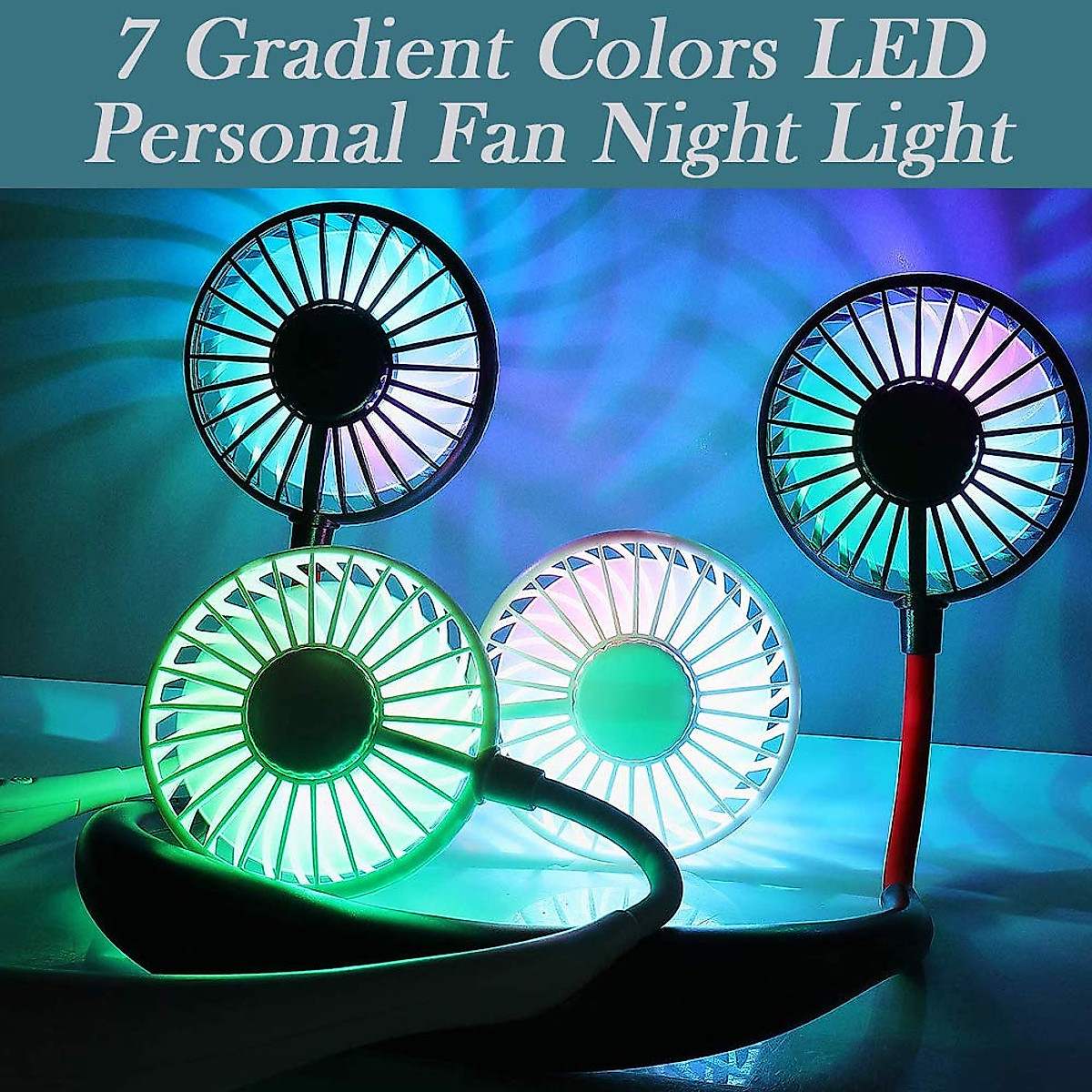 USB Neck Hanging Fan Personal Hands-Free Fan Neckband Fan - Rechargeable 2000mAh/Colorful LED/3 Speeds/360 Degree Headphone Design for Home, Sport, Camping, Beach, Travel, Office - Black