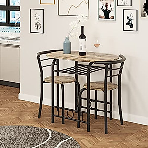 JUMMICO 3 Pieces Dining Set for 2 Small Kitchen Breakfast Table Set Space Saving Wooden Chairs and Table Set for Apartment Dining Room with Metal Frame and Wine Rack,Walnut