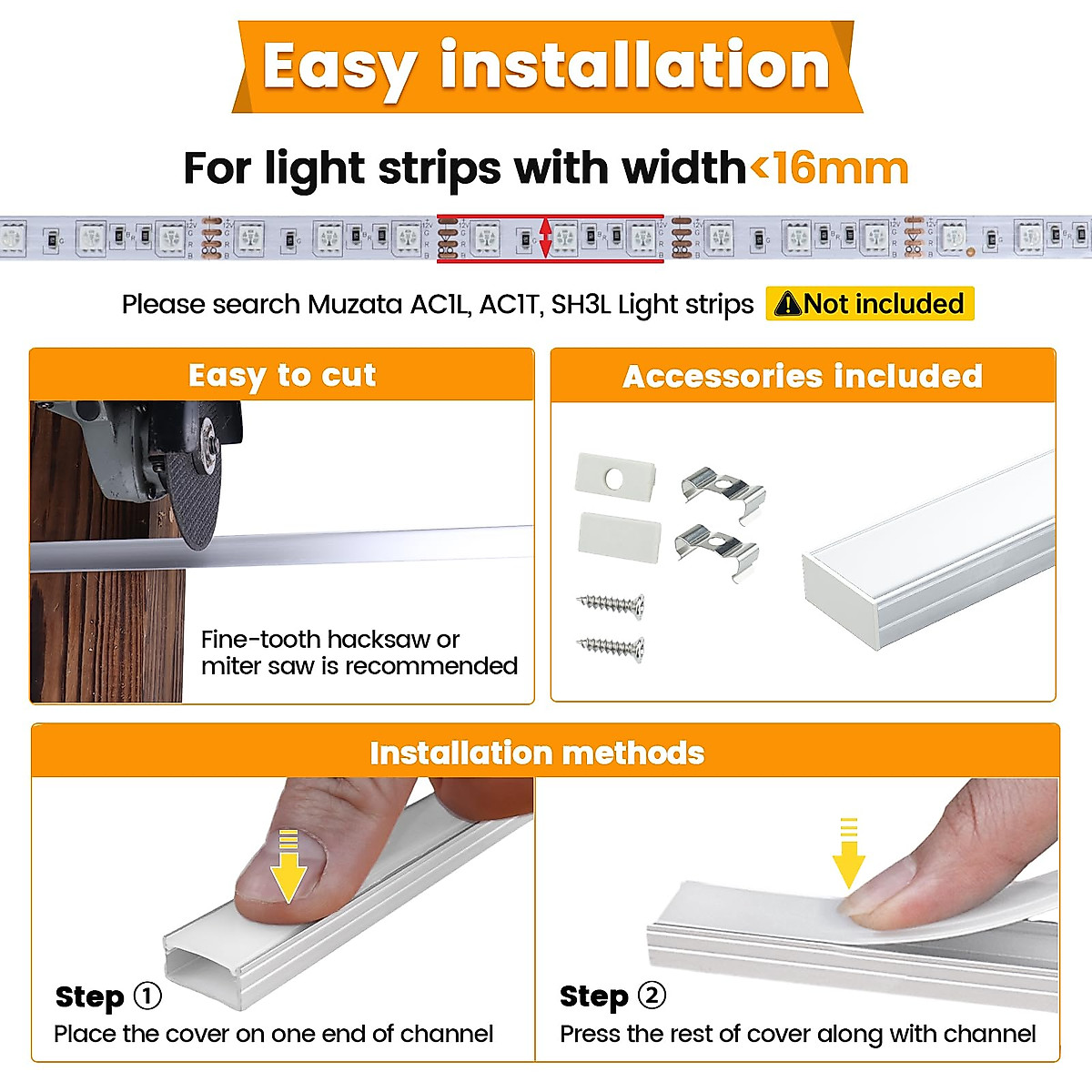 Muzata 6Pack 3.3FT/1M Wider LED Channel System with Milky White Cover Silver Aluminum LED Strip Channel for Waterproof LED Strips up to 16mm U102 WW
