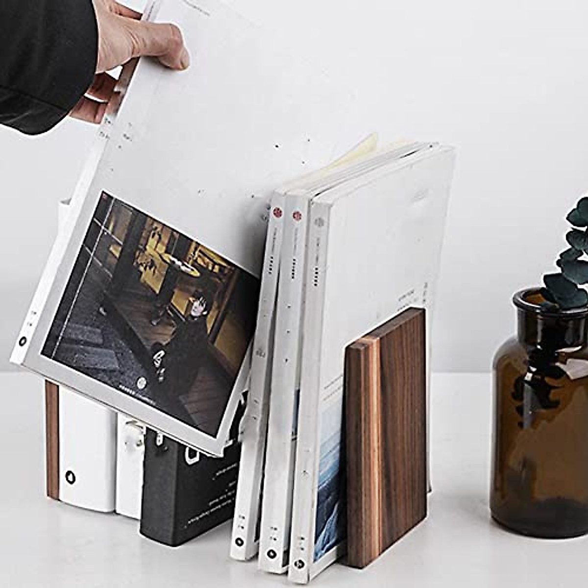 HALOU 2Pcs Wooden Bookends with Metal Base Heavy Duty Book Stand with Anti-Skid Dots for Office Desktop or Shelves Decorative Bookend