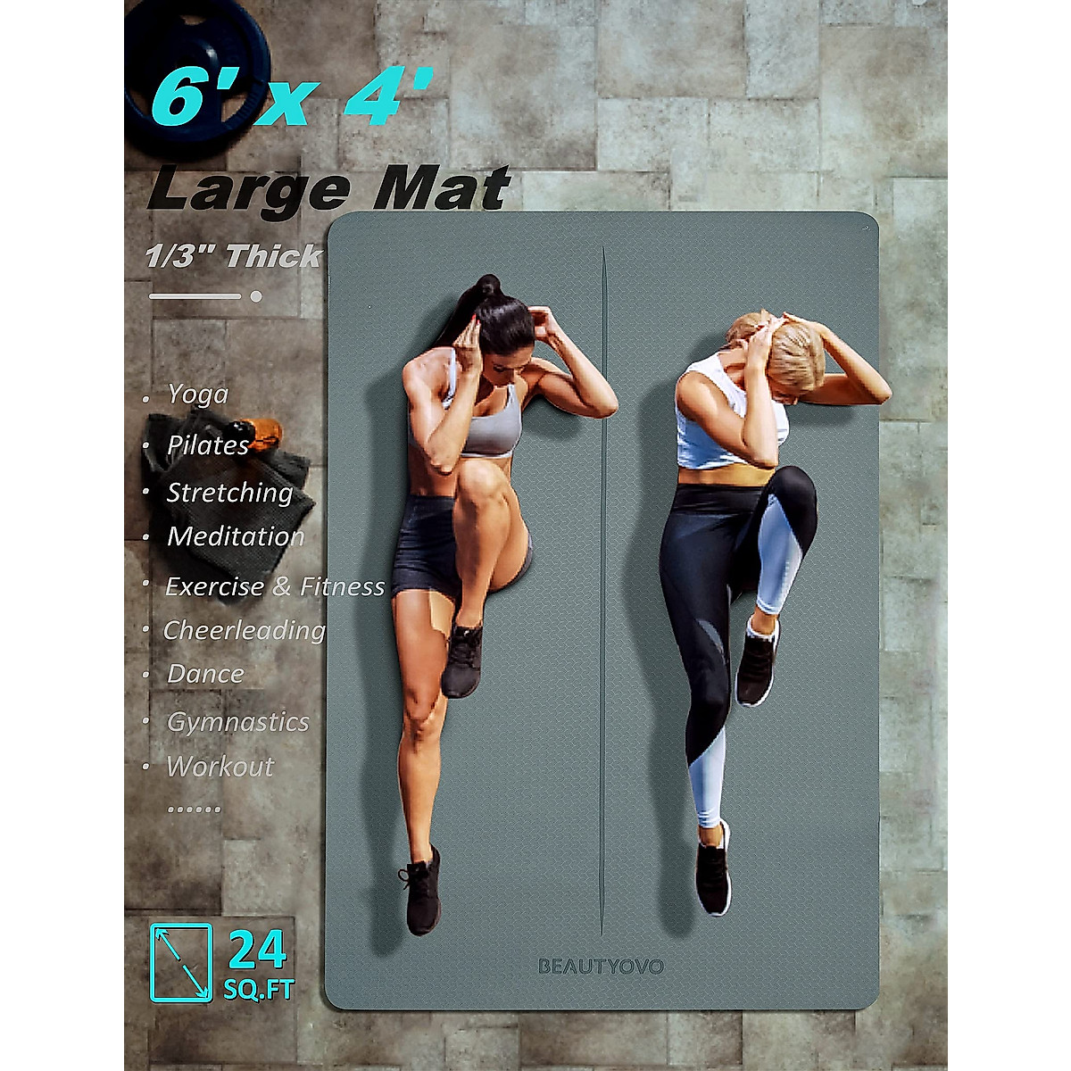 6' x 4' Large Yoga Mat, 1/3 Inch Extra Thick Yoga Mat Double-Sided Non Slip, Professional TPE Yoga Mats for Women Men, 24 Sq.Ft Large Exercise Mat for Yoga, Pilates and Home Workout Gray