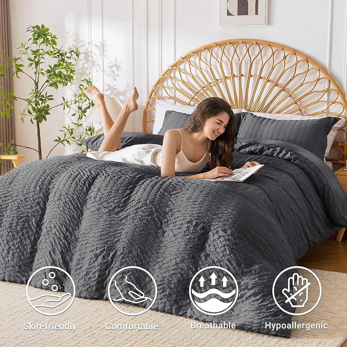 HYMOKEGE Dark Grey Duvet Cover Queen Size, Ultra Soft & Breathable 3PC Seersucker Duvet Cover Set with Zipper Closure & Corner Ties–Includes 1 Duvet Cover (90"x90") & 2 Pillowcases