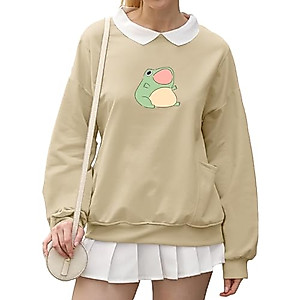 KIEKIECOO Cute Aesthetic Frog Sweatshirt for Teen Girls Kawaii Cartoon Graphic Hoodie Womens Preppy Cotton Pullover Sweaters(Apricot,Medium)