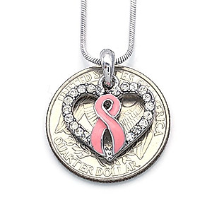 Soulbreezecollection Light Pink Ribbon Breast Cancer Awareness Heart Charm Pendant Necklace Pink Rhinestones Jewelry