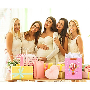 XJF Large Gift Bag for Girls with Card and Tissue Paper,13" Pink Baby Shower Birthday Gift Bags,Gift Bag for Girls Kids