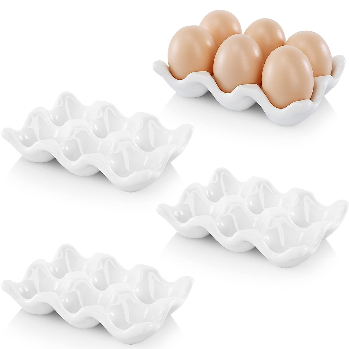 DEAYOU 4 Pack Porcelain Egg Container, Ceramic Eggs Keeper Storage Organizer for Display, Kitchen, White