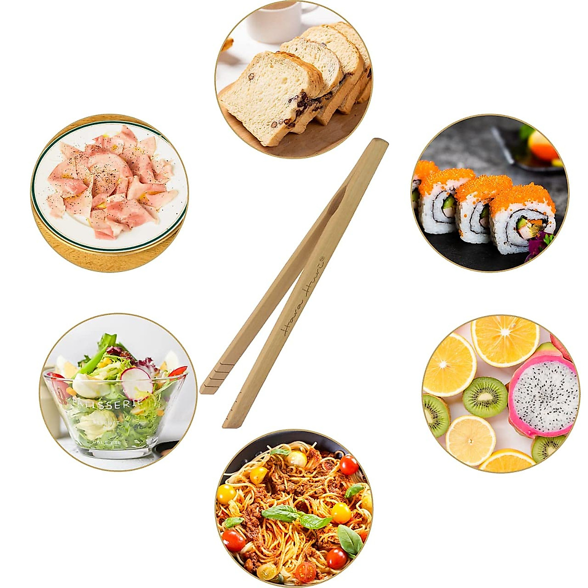 Hara Huri Bamboo Toaster Tongs - Set of 2 Reusable Heat Resistant Wooden Toast Tongs - 8 Inch Long Natural Wood Kitchen Utensil for Serving Pickle Muffin