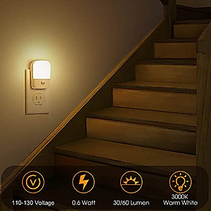 Night Lights Plug into Wall, LED Night Light with Light Sensor, Adjustable Brightness 30/60LM Dimmable Night Light, 3000K Warm White Night Light for Kids, Nursery, Pet, Bedroom Hallway Kitchen, 4 Pack