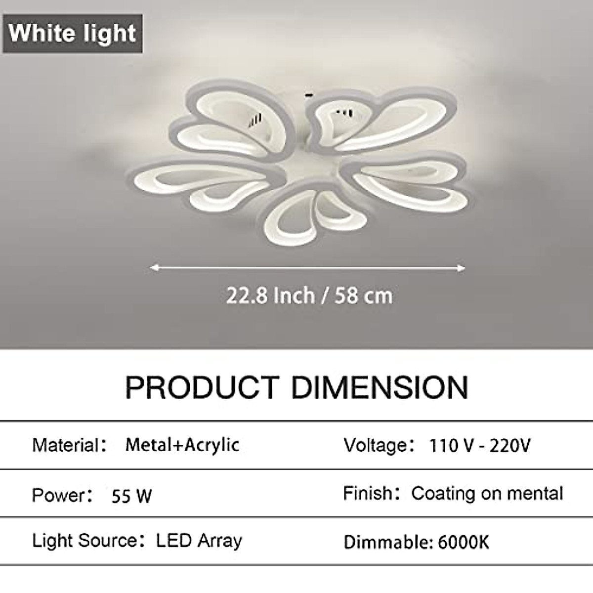 Naroume Modern LED Ceiling Light,55W Acrylic Flush Mount Ceiling Lamp,5 Petals Metal Flower Shape Chandelier Lighting Fixture for Living Room Bedroom Kitchen Office Dining Room (6000K White Light)