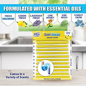 SANI 360° Sani Sticks Drain Cleaner and Deodorizer, Enzyme Pipe Cleaners, Eliminate Odors, Prevent Clogged Drains, Safe for Sinks, Bathtub Drains, Septic Tanks, 48 Count, Lemon Scent