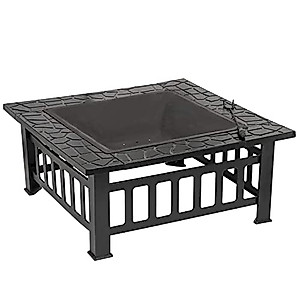 JupiterForce 32" Outdoor Metal Fire Pit Square Metal Firepit Stove for Backyard, Patio, Garden, Bonfire, Camping and Picnic with Rainproof Cover, Black