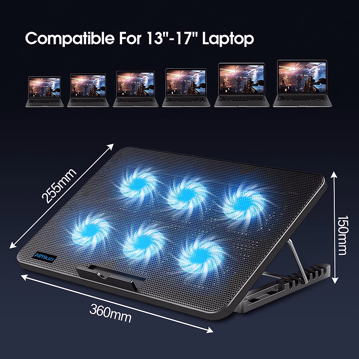 Laptop Cooling Pad, Gaming Laptop Cooler with 6 Quiet Fans, Laptop Fan Cooling Pad Fits 12-17 Inch Laptop, USB Port Powered, 7 Adjustable Height