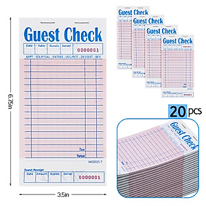Rcybeo Guest Check Pads (20 Pack) Numbered Server Note Pads, Waitress Order Notepad, Food Receipt Book, 50 Checks Per Pad-Total 1000 Restaurant Checks, Waitress Accessories
