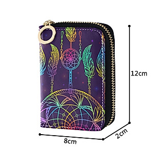 susiyo Colorful Dream Catcher Feathers Credit Card Wallet, RFID Blocking Compact Women Leather Card Holder Zipper Purse