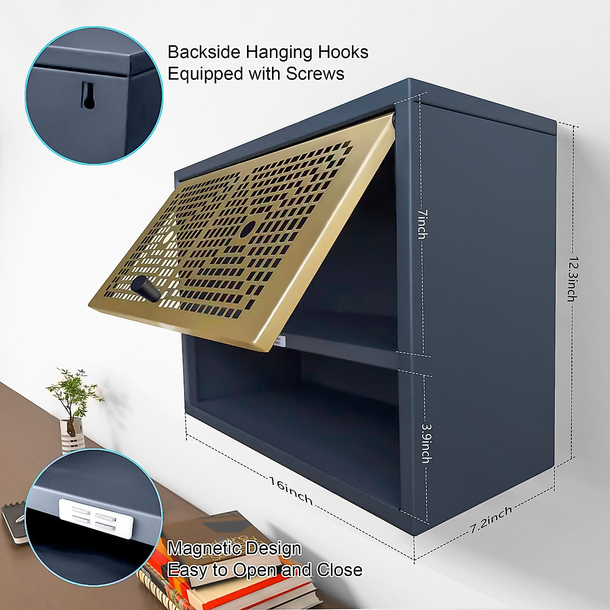 MIAO'ER 2-Tier Wall Cabinet, Bathroom Cabinet, Medicine Cabinet, Kitchen Cabinet, Punch Pattern Magnetic Suction Metal Door, Durable, RustProof, Used for Space Saving & Organizing, Grey&Gold