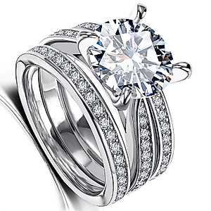Round Cut CZ Bridal Set - 3 PCS/Set Big Solitaire Cubic Zirconia Engagement Wedding Ring Set for Women with Band