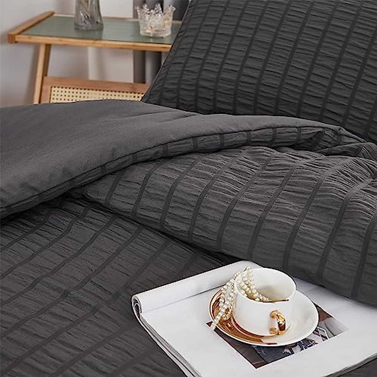 AveLom Dark Grey Comforter Queen Size Set with Sheets - 7 Pieces Bed in a Bag Seersucker Complete Bedding Set, All Season Lightweight Bed Set with Comforter, Sheets, Pillowcases & Shams