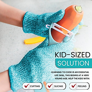 TruChef Kids Cut Resistant Gloves (Ages 4-8) - Aqua - Maximum Kids Cooking Protection| Safe hands from Real Kitchen Knives and Tools