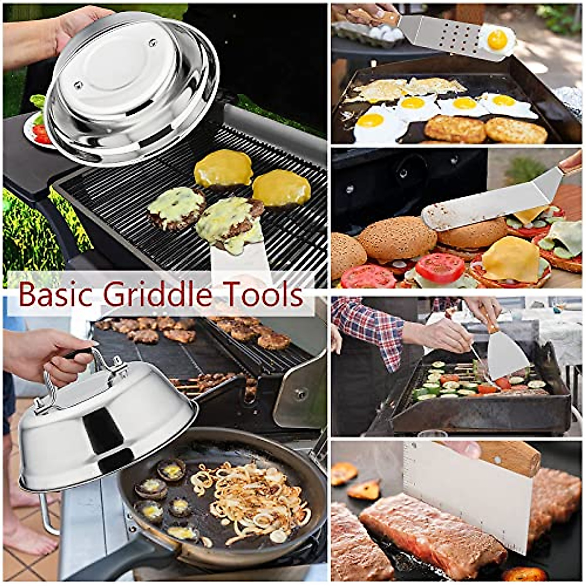 Griddle Accessories Set of 20, HaSteeL Complete Stainless Steel Griddle Spatula Tools with 9” Melting Dome, Heavy Duty Metal Spatulas Choppers Cast Iron Grill Press for Flat Top Teppanyaki BBQ Outdoor