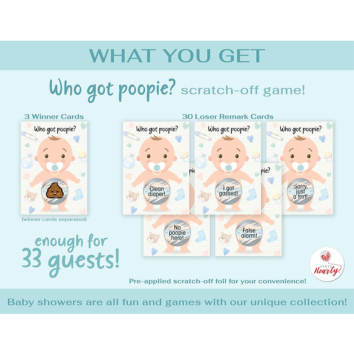 Party Hearty Baby Shower Games for Girl and Boy, 33 Poopie Emoji Scratch Off Lottery Tickets, Baby Games Ideas, Scratch Off Game.