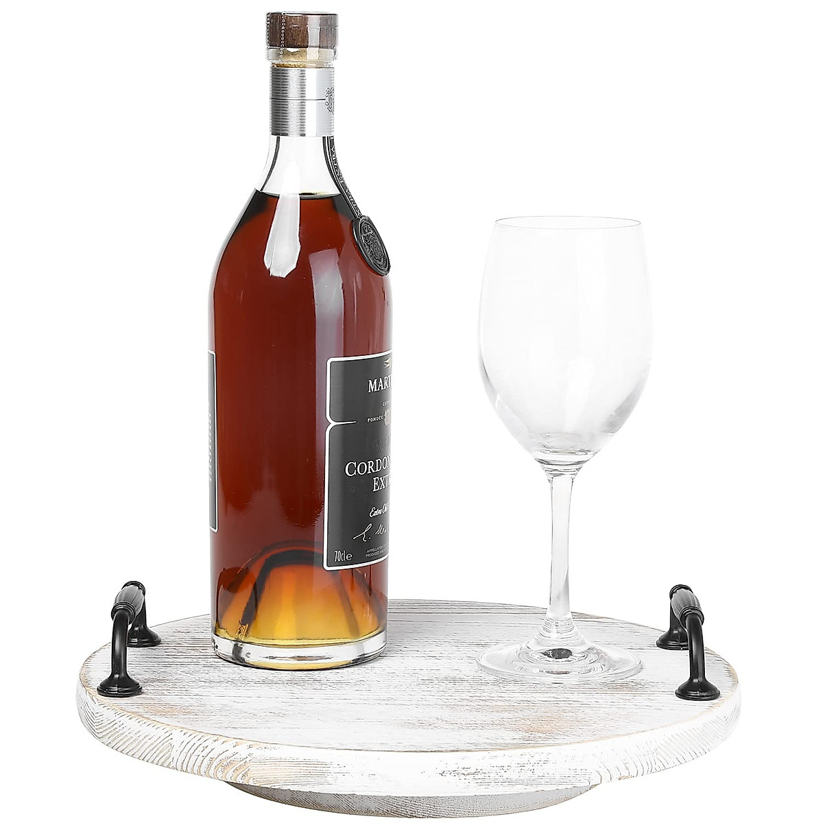 MyGift 12 Inch Whitewashed Wood Lazy Susan Turntable Rotating Tray, Round Condiment Serving Tray with Black Vintage Metal Handles